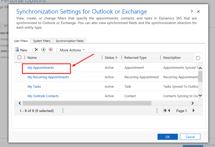 Select which Appointments should be synced to Outlook from D365 CE ...