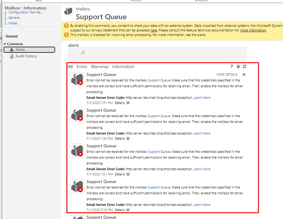 Mailbox Alerts Hideshow Behavior In Dynamics 365 Crm D365 Demystified