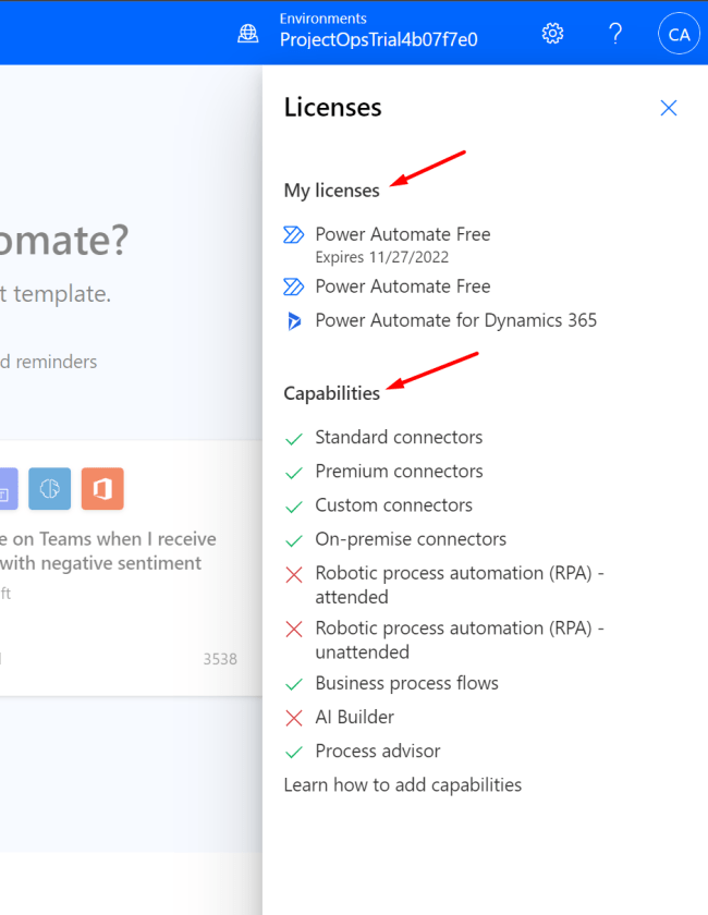 Check which Power Automate or Power Apps Licenses are assigned to you ...