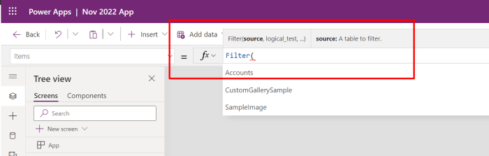 Filter function in Canvas Power Apps | Power Fx Formula Example | D365 ...